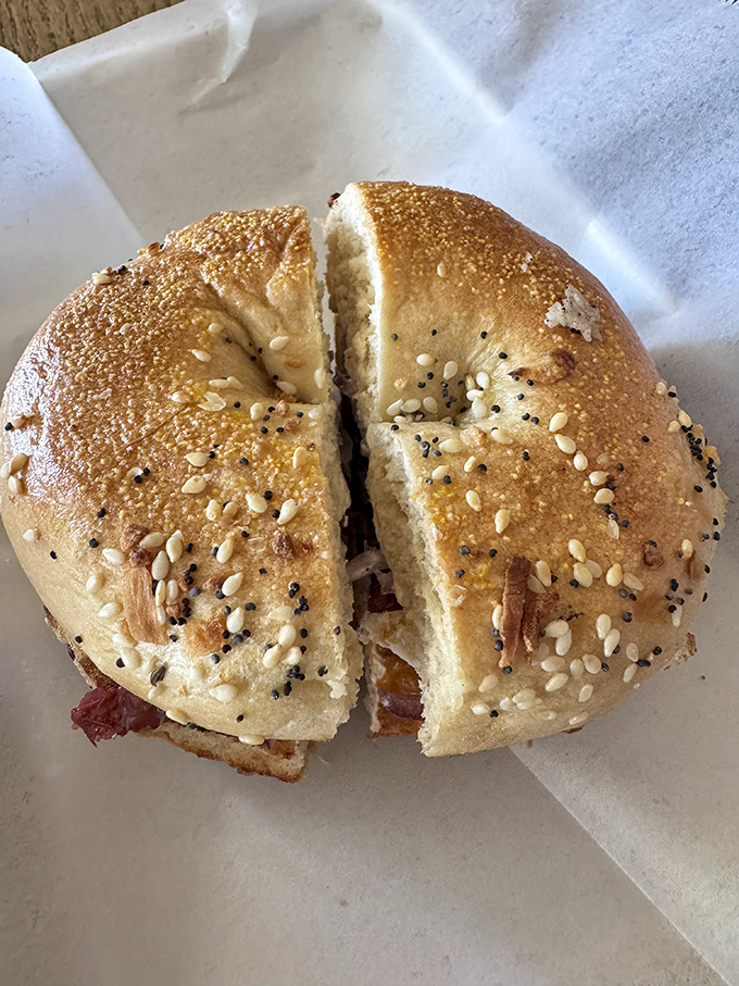 This bagel isn't trying to impress New Yorkers—it's confident in its California identity, with a golden crust, perfect chew, and generous toppings that say "Good morning" better than words.