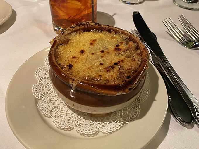 French onion soup that's worth the inevitable string of cheese stretching from bowl to chin. Some fashion statements are deliciously worth making.