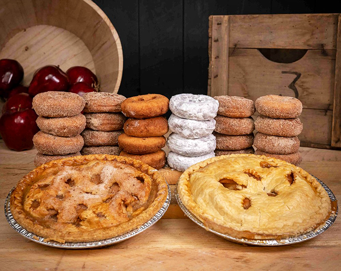 Apple pies and donuts arranged with military precision – these aren't just desserts, they're edible ambassadors from the land of "just one more bite."