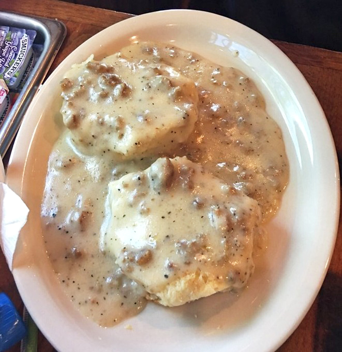 Biscuits drowning happily in gravy so rich and peppery, you'll want to write home about it—if you can lift your fork.