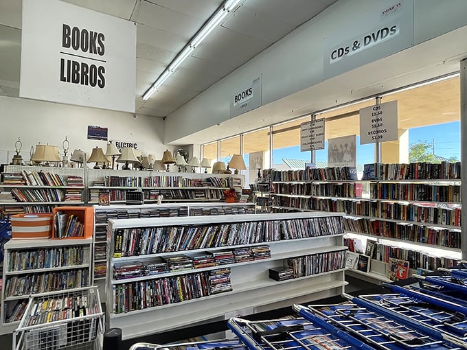 The bilingual "Books/Libros" section—where literary treasures and forgotten bestsellers wait patiently for their second chapter in someone's home.