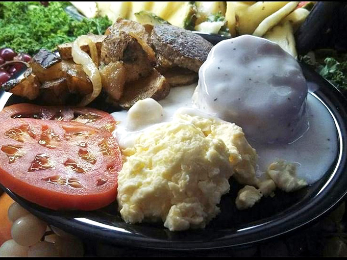 Breakfast plates that could fuel a marathon. The scrambled eggs look like fluffy clouds next to that perfectly grilled tomato—a morning masterpiece.