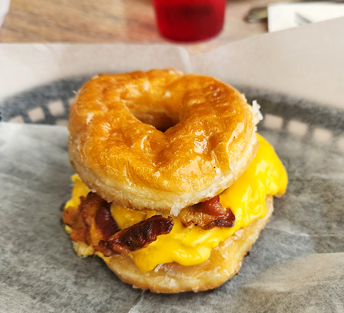 The donut breakfast sandwich—proof that sometimes the best ideas come from asking "why not?" Savory meets sweet in this handheld masterpiece.