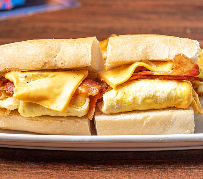 This breakfast sandwich isn't just stacked, it's engineered – a masterclass in the architecture of morning deliciousness. 