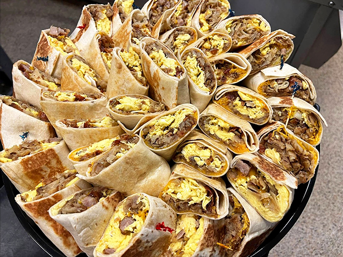 Breakfast wrap platters that look like edible party trays – sharing optional but not recommended.