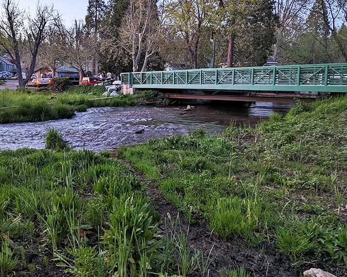 This charming green bridge over Murphys Creek isn't just picturesque – it's your gateway to the town's peaceful community park.