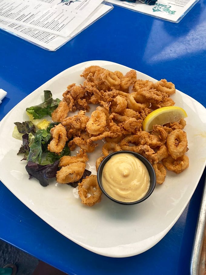 Golden-fried calamari that's tender, not rubbery – the unicorn of seafood appetizers – served with a lemony dipping sauce.