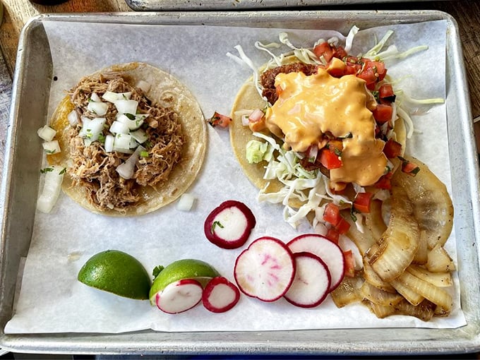 A study in contrasts: carnitas bringing porky richness while the fish taco offers lighter, crispy delights. The lime wedge isn't optional—it's essential.