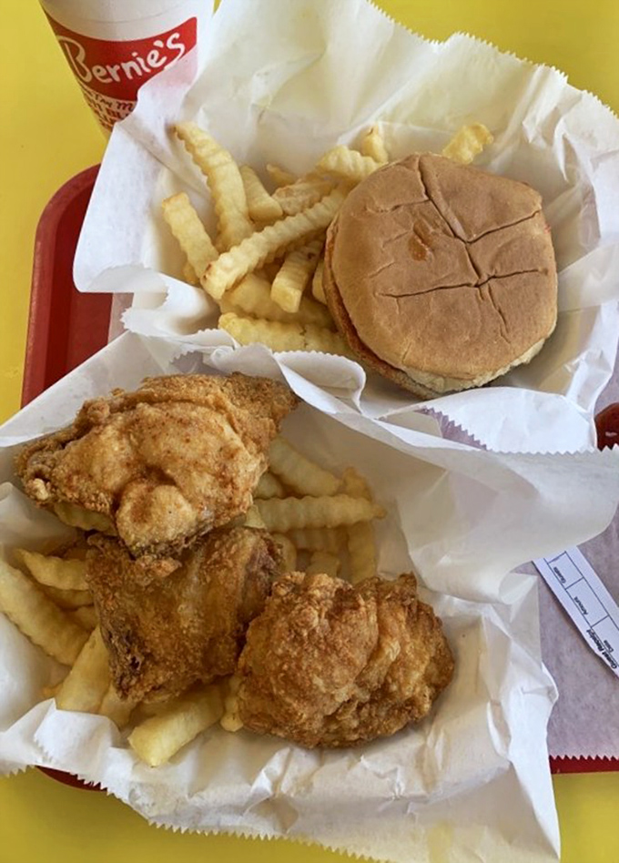 The holy trinity of comfort food: golden chicken, crispy fries, and a pillowy roll. Like a warm hug from your favorite aunt.