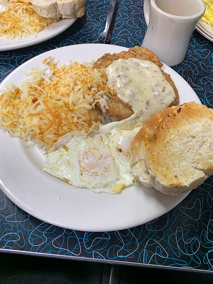 Country-fried steak with pepper gravy that could make a vegetarian question their life choices. The hash browns aren't playing second fiddle either.