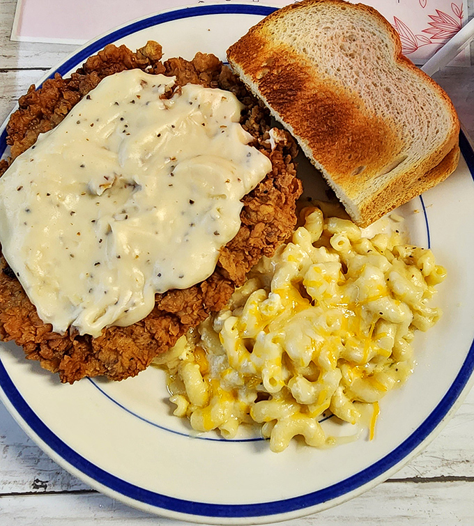 Southern comfort on a plate. That chicken fried steak under river of gravy is what dreams—and afternoon naps—are made of.