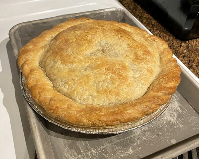 Golden, flaky crust hiding a savory treasure within—this chicken pot pie is comfort food that graduated with honors.