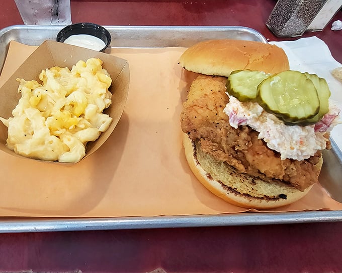 The ultimate comfort food marriage: creamy mac and cheese alongside a chicken sandwich that puts fast food versions to absolute shame.