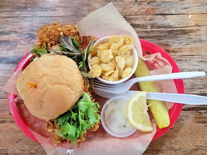 Proof that chicken sandwiches had greatness long before they became fast food battlegrounds—served with potato salad that grandmothers would approve of.