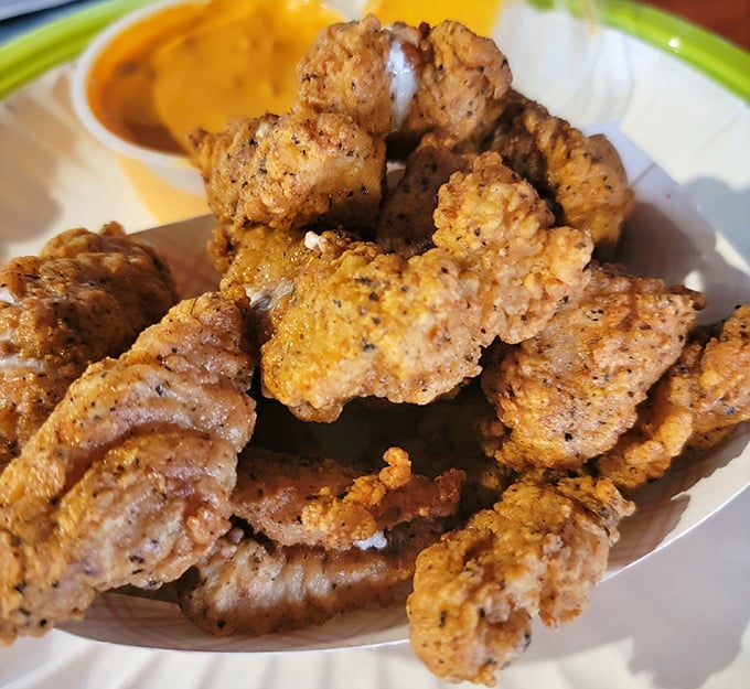 Alligator tail – Florida's answer to popcorn chicken with a wild side. Tastes like chicken that went to finishing school and graduated with honors.