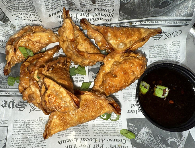 Potstickers that could start a religion – crispy-bottomed, tender-topped, and served with a sauce that makes you want to drink it straight.