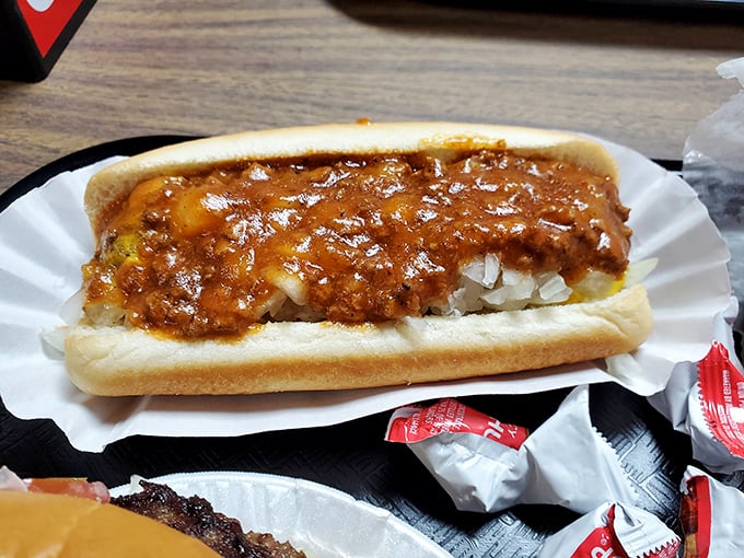 The chili dog at Mack's doesn't need a fancy pedigree—it's the blue-collar champion that's been winning hearts one messy, glorious bite at a time.