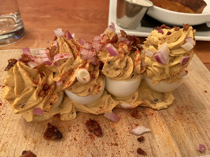 Deviled eggs elevated to art form status. These aren't your grandmother's potluck staples—unless your grandmother was secretly a culinary genius.