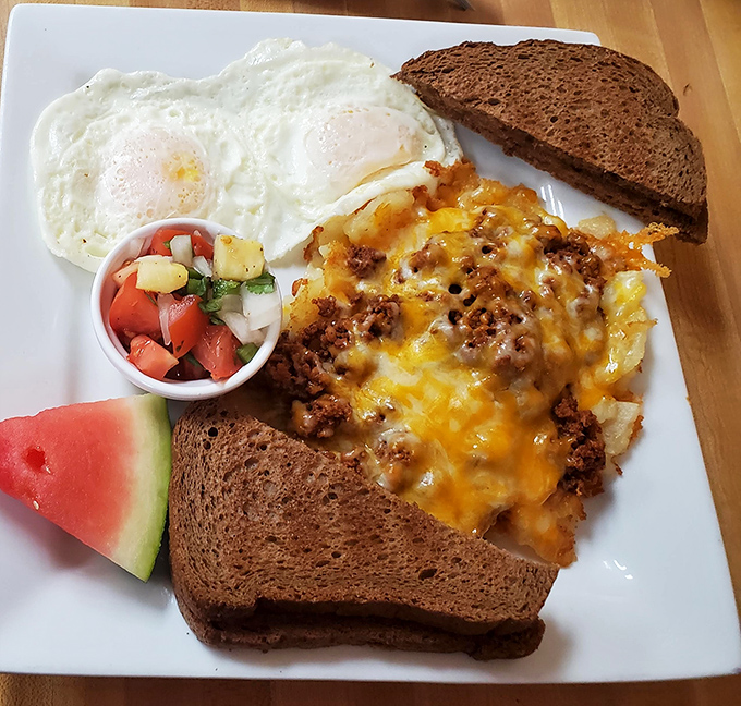 Breakfast alchemy at its finest – eggs, chorizo, and potatoes coming together in a harmony that Mozart would envy.