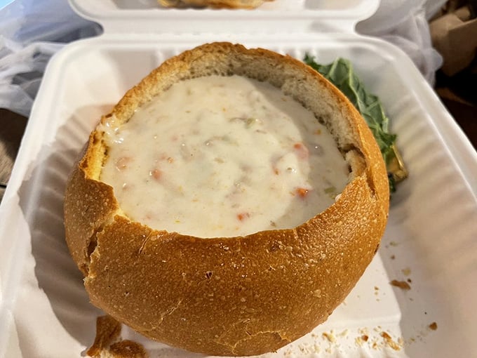 Clam chowder served in a bread bowl – because sometimes more carbs is the answer.