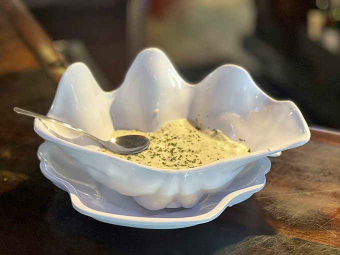 A shell-shaped bowl cradles what might be Florida's most comforting clam chowder—proof that seafood and soul-warming can coexist beautifully.