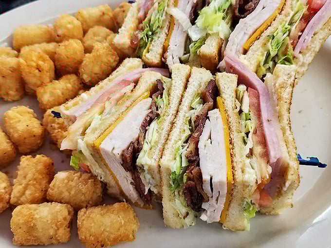 The club sandwich—mankind's greatest achievement after fire and the wheel. Triple-decker comfort with tater tots that crunch like childhood memories.