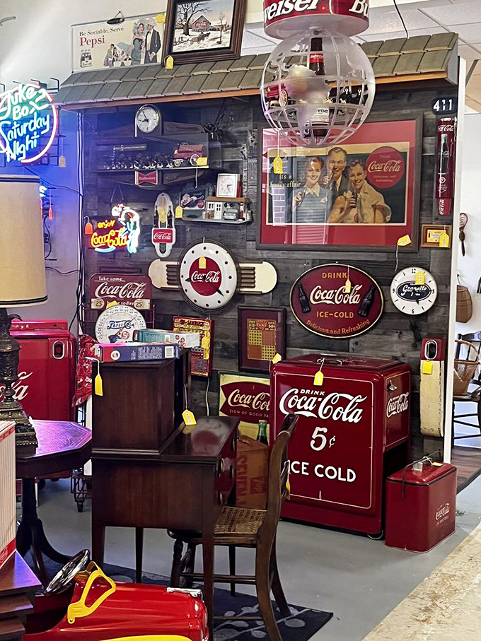 Coca-Cola nostalgia overload – enough red and white memorabilia to stock a 1950s soda fountain.