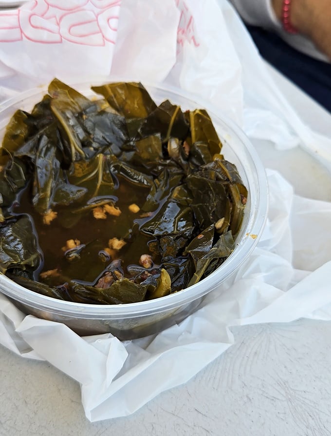 Collard greens swimming in pot liquor that could solve international conflicts. Southern comfort in a cup, no passport required.