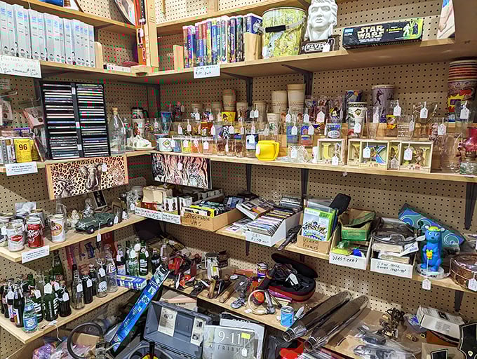 The collector's paradise—where Star Wars meets vintage glassware, and childhood memories share shelf space with practical tools of yesteryear.