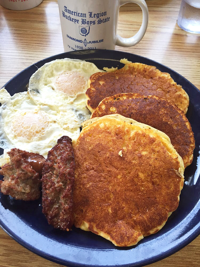 Golden corn cakes with that perfect edge-to-middle ratio – crispy where they should be, tender where it counts. Breakfast engineering at its finest.