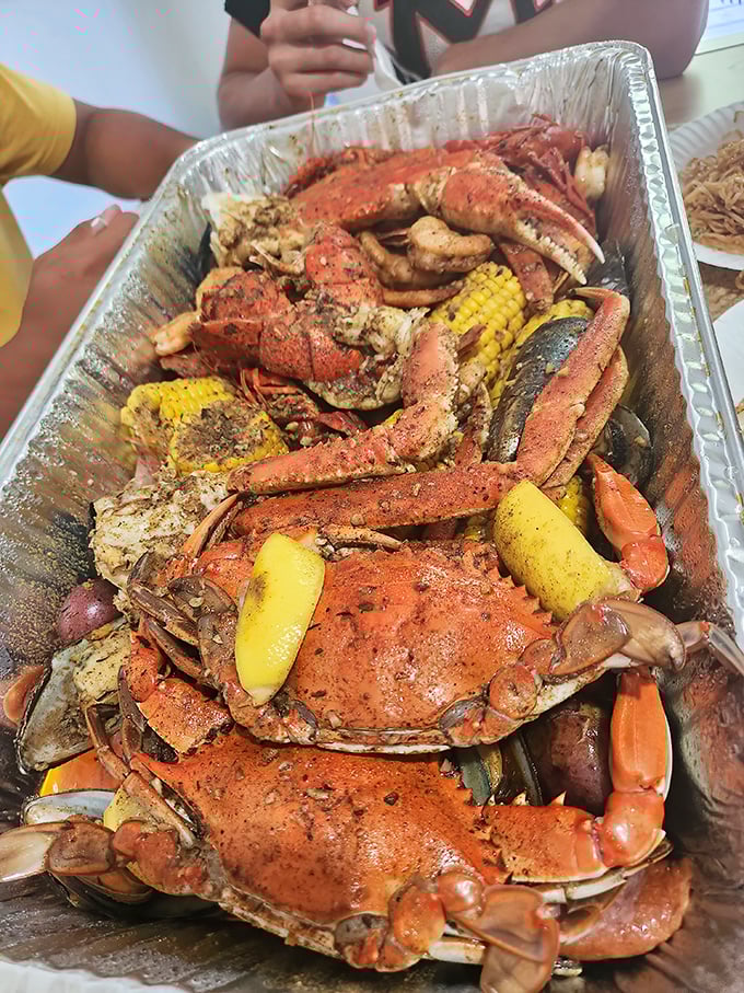 Crab legs, corn, and potatoes in perfect harmony. This aluminum tray holds more treasure than any pirate chest—and you don't need a map to find it.