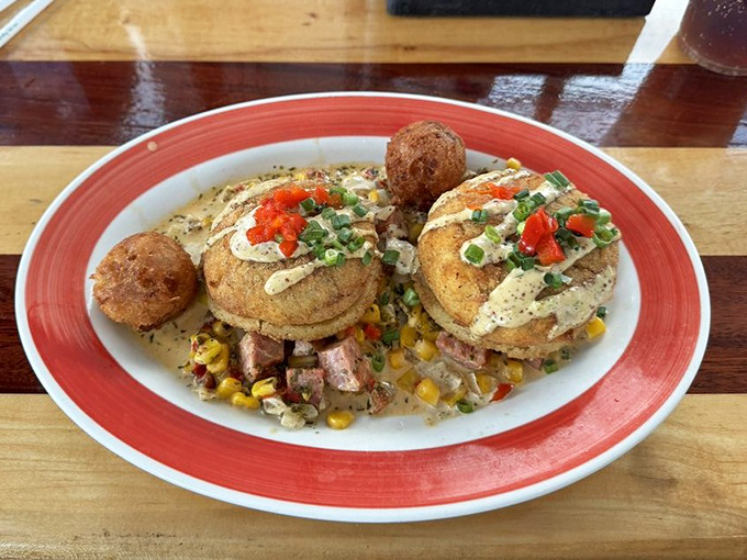 These crab cakes aren't playing around—golden-brown perfection atop a bed of corn maque choux that would make New Orleans jealous.