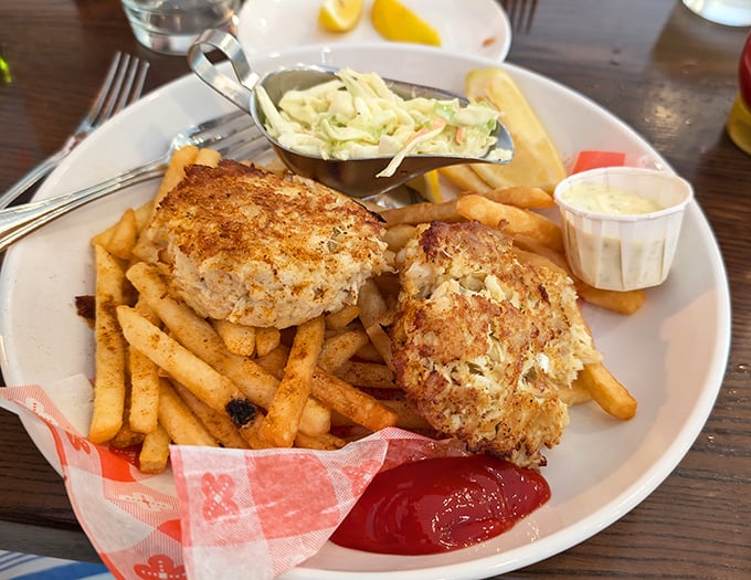 These crab cakes are what Maryland dreams about—mostly crab, barely bound, and golden-crusted like a sunset over the Chesapeake.