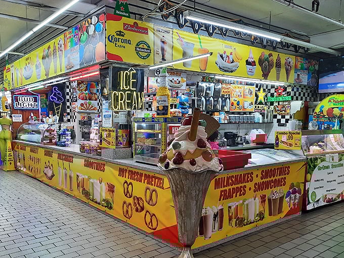 Ice cream paradise that would make Willy Wonka jealous. That towering sundae isn't just dessert—it's an architectural achievement worthy of its own zip code.