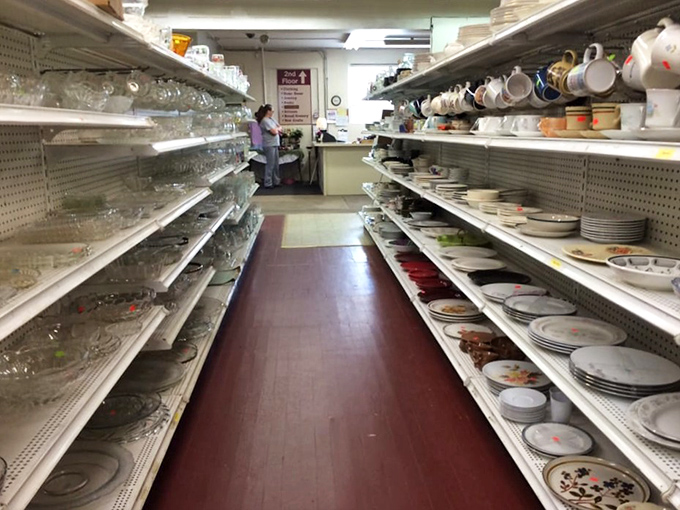 Dinnerware displays that could stock a restaurant, organized with the precision of a military operation.