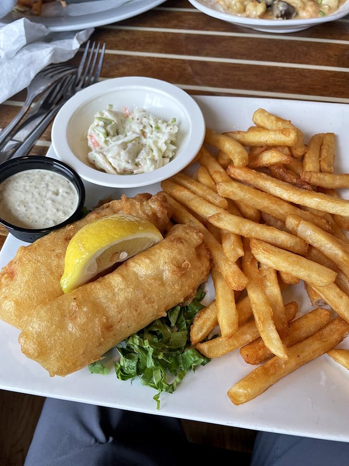 Golden-battered fish with perfectly crisp fries—the kind of plate that makes you forget you're hundreds of miles from any ocean.