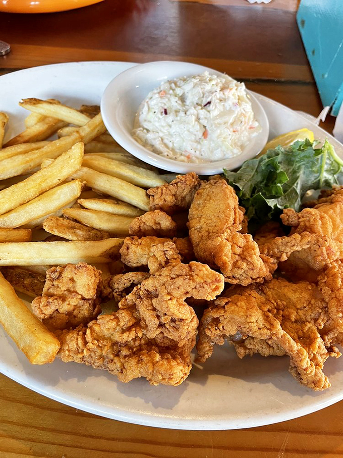 Golden-fried perfection with a side of coleslaw that doesn't apologize for being exactly what you wanted instead of what you should have ordered.