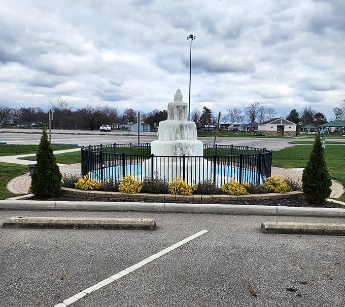 Even fountains dress for winter in Ohio. This frozen water feature transforms the ordinary into something magical—nature's ice sculpture.