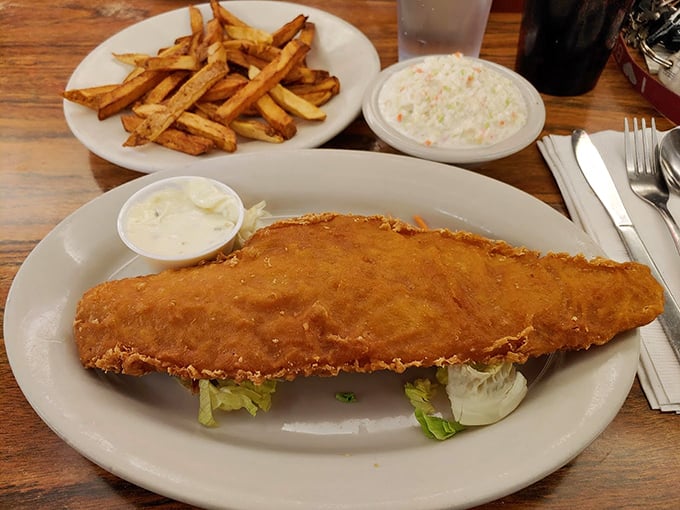 The fried haddock stretches beyond its plate boundaries like it's trying to escape—but trust me, you'll ensure not a morsel makes a getaway.