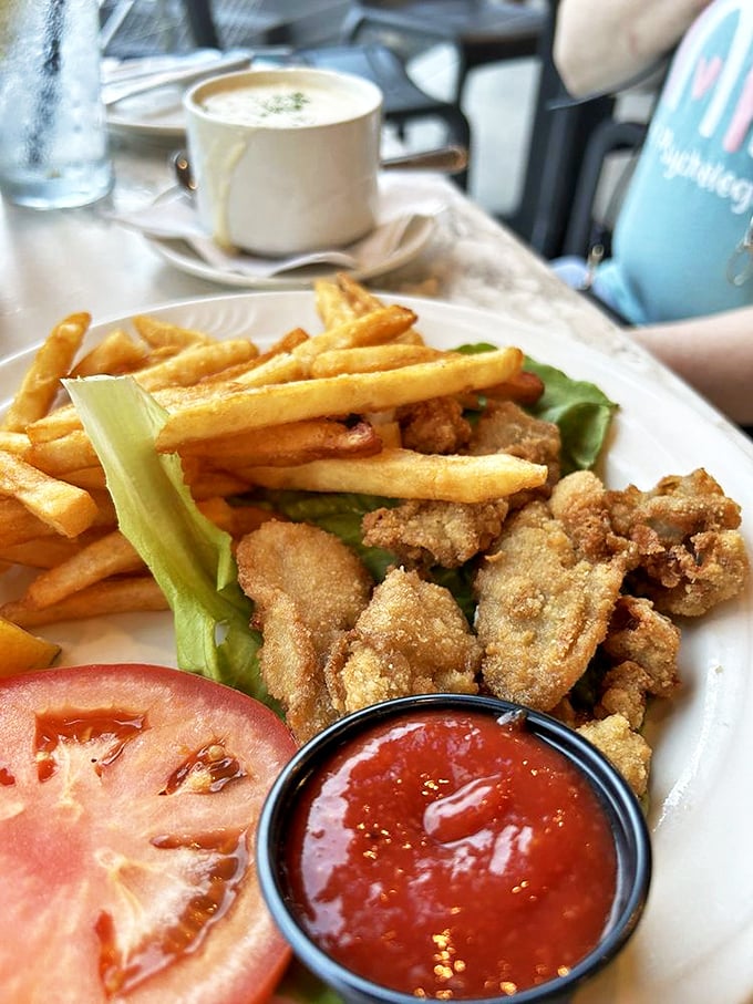 Fried oysters and fries—the ultimate Maryland comfort food duo that makes you wonder why anyone would eat anything else, ever.