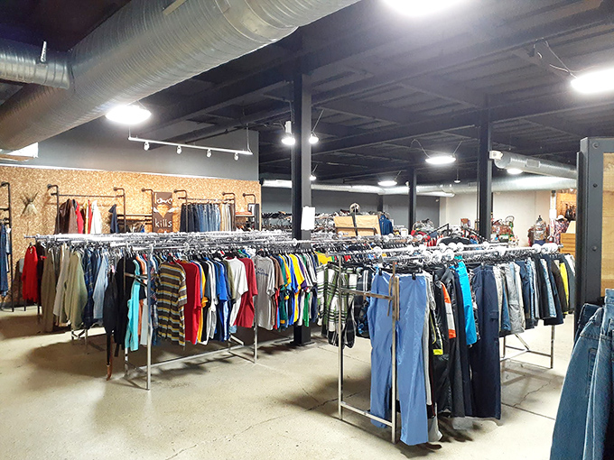 A rainbow of possibilities hanging in perfect order. Remember when finding your size in a thrift store was like winning the lottery? Not here! 