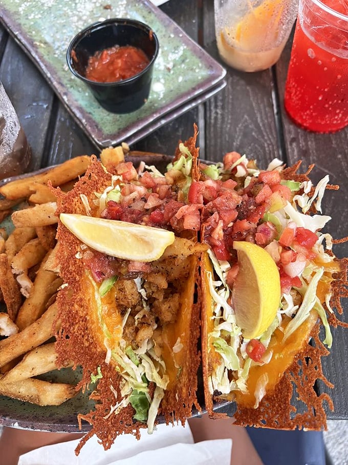 Grouper tacos dressed to impress – fresh fish meets vibrant toppings in tortilla heaven.