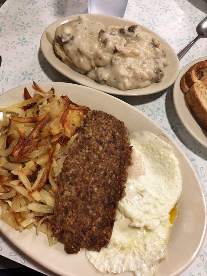 Goetta, eggs, and home fries—the holy trinity of Cincinnati breakfast. A plate that says "Good morning" with a hearty Midwestern accent.