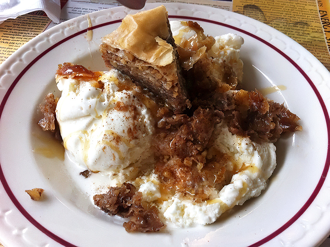 Dessert that breaks all the rules—baklava meets ice cream in a sweet rebellion that would make both Greek grandmothers and soda jerks proud.