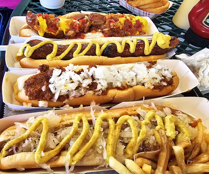 Hot dog heaven exists in Brooksville! Each footlong creation is a masterpiece of toppings – from classic mustard zigzags to hearty chili and onions.