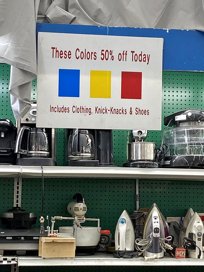 Today's color-coded sale system: a thrifter's traffic light. The strategic shopper knows blue, yellow, and red tags mean green stays in your wallet.