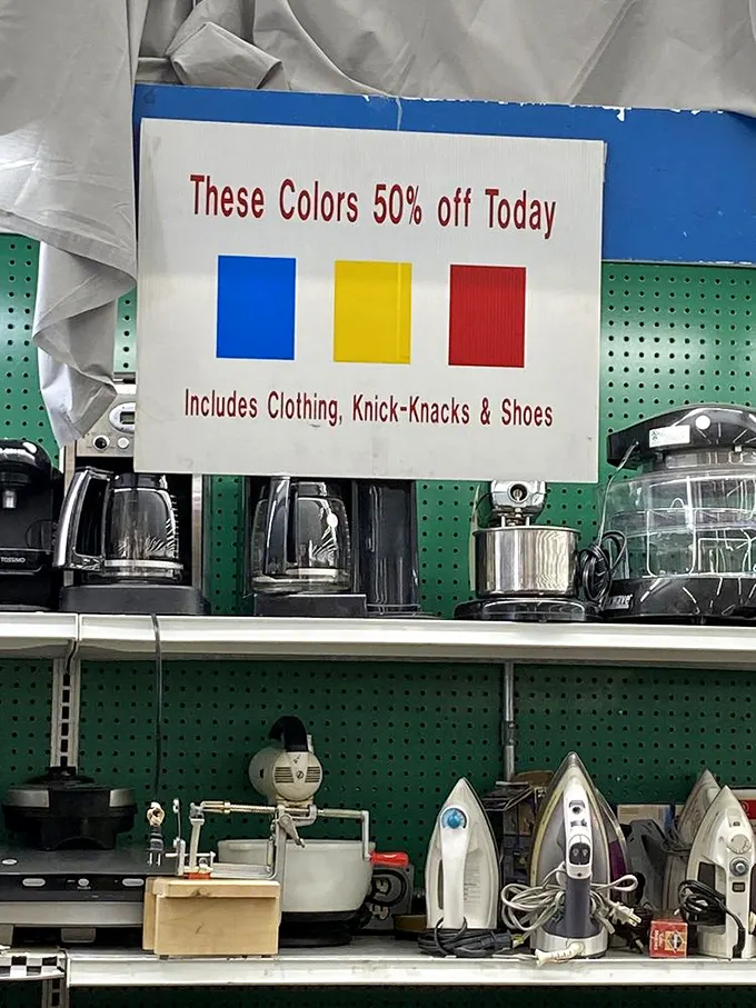 Today's color-coded sale system: a thrifter's traffic light. The strategic shopper knows blue, yellow, and red tags mean green stays in your wallet.