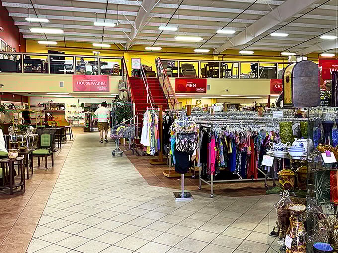 The two-story wonderland creates natural departments, with housewares below and men's clothing above—a department store without the department store prices.