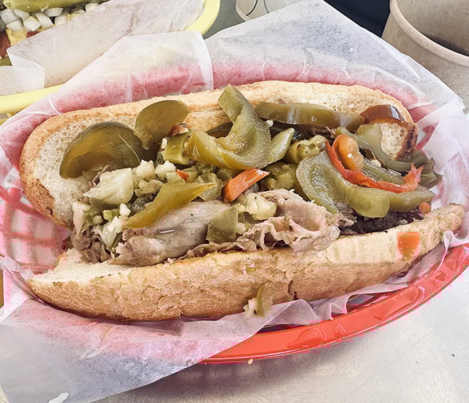An Italian vacation between bread – this sandwich piled high with tender beef, giardiniera, and pickles would make any nonna proud.