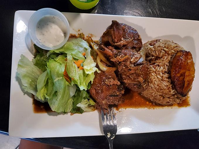 Jerk chicken so authentic it might start speaking with an accent. Served with rice and plantains that aren't just sides—they're supporting actors deserving their own Oscar.